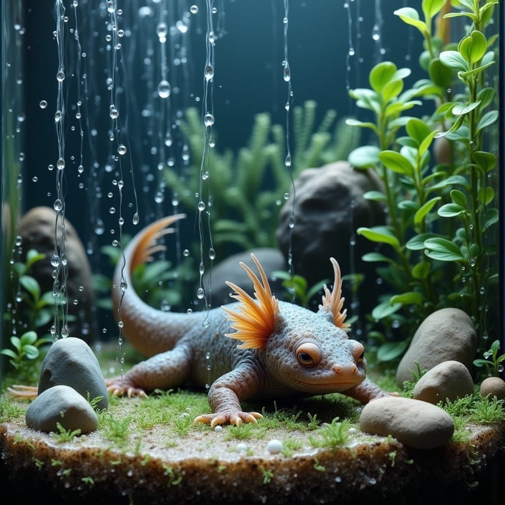 an Axolotls in an aquarium with rocks and plants