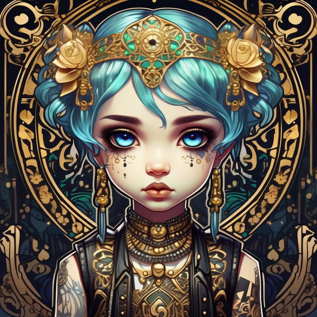 Art Nouveau Punk: Beautiful chibi goddess, large bright expressive eyes ...
