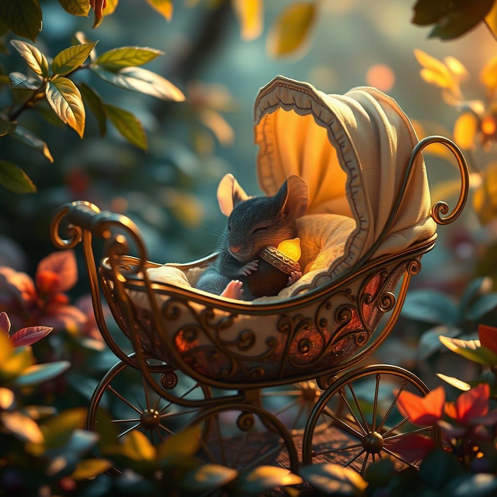 Mouse Slumbers in Whimsical Forest Pram - AI Art