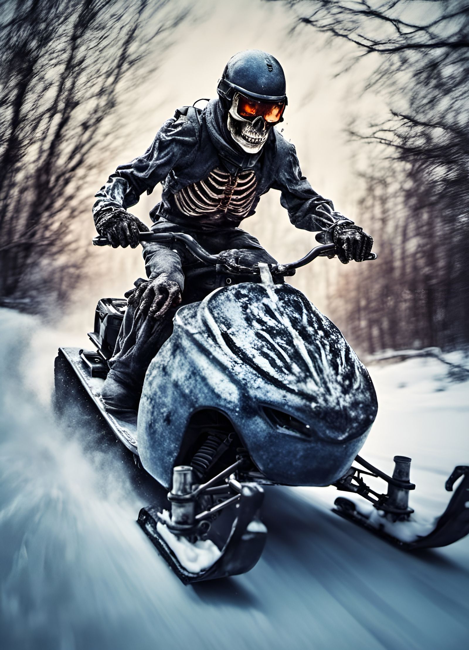 Spooky skeleton riding a snowmobile - AI Generated Artwork - NightCafe ...