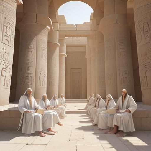 Hyper-realistic portrait of a temple in acient egypt, showing mages ...
