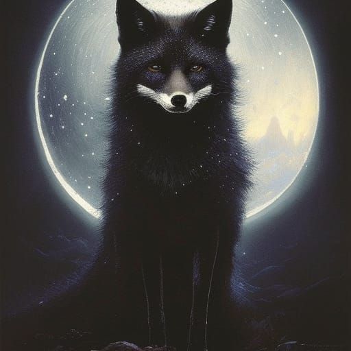 The Night Fox - Black Fox with Moon Eyes in Ethereal Night