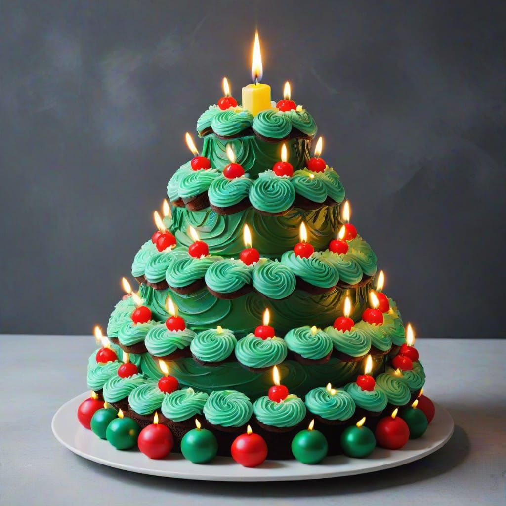 Cheerful Christmas Tree Birthday Cake with Vibrant... - AI Art