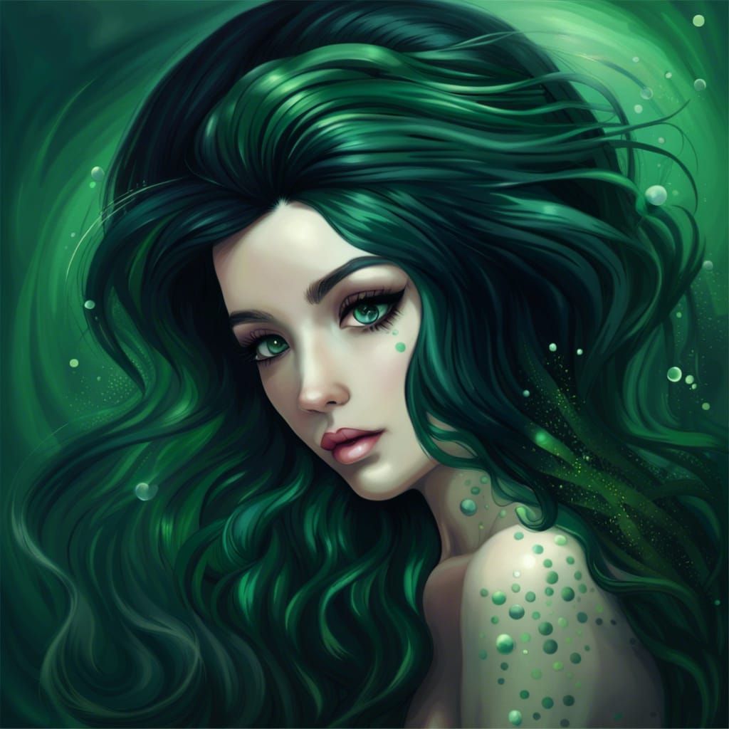beautiful mermaid with black green hair - AI Generated Artwork ...