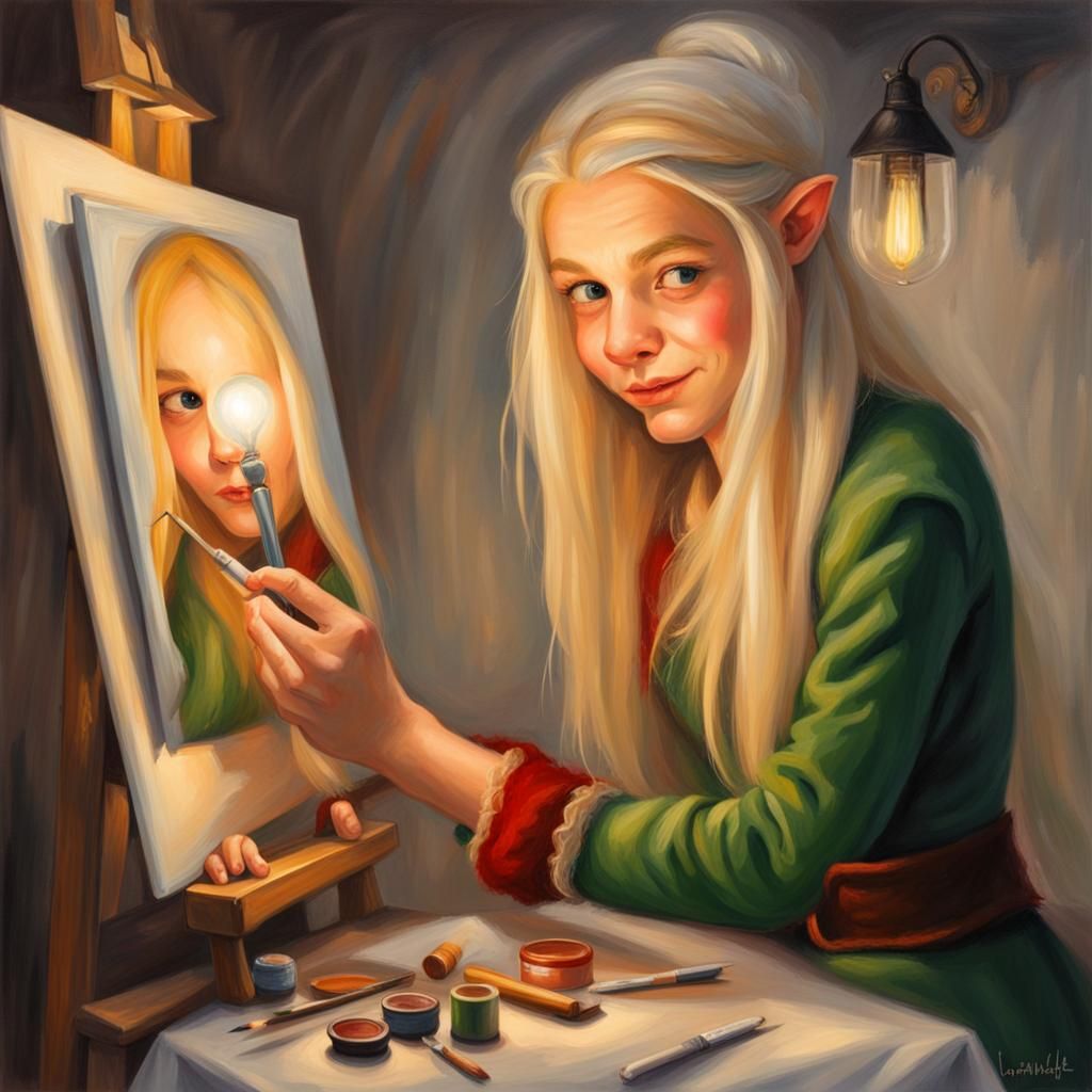 Elf painting a self-portrait, elf painting on canvas, elf panting a ...