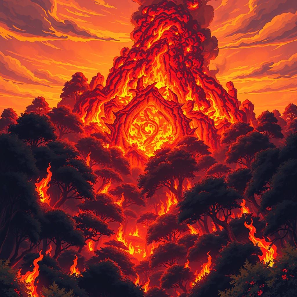 Ancient Forest Inferno at Sunset in Anime Style - AI Art