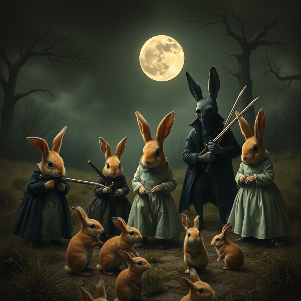 Mystical Rabbits Gather Under Moonlit Gothic Waltz - AI Art