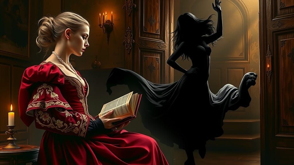 While the demure young lady is reading a good book, her shadow has ...