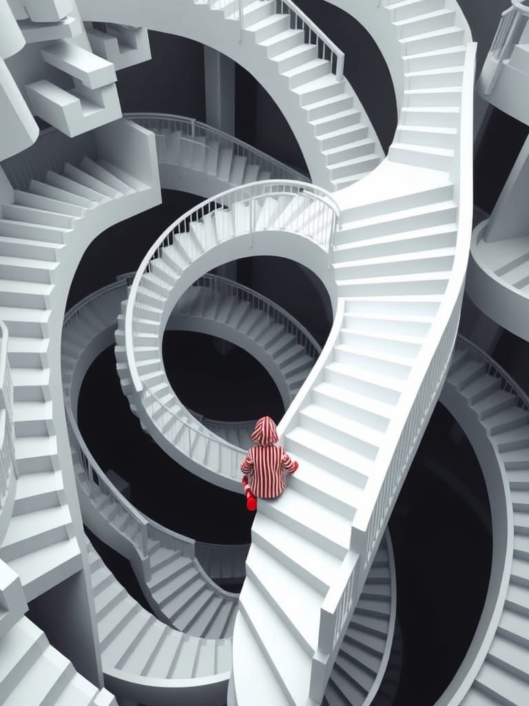 A surreal labyrinth of blank stairs and black fills the frame, creating ...