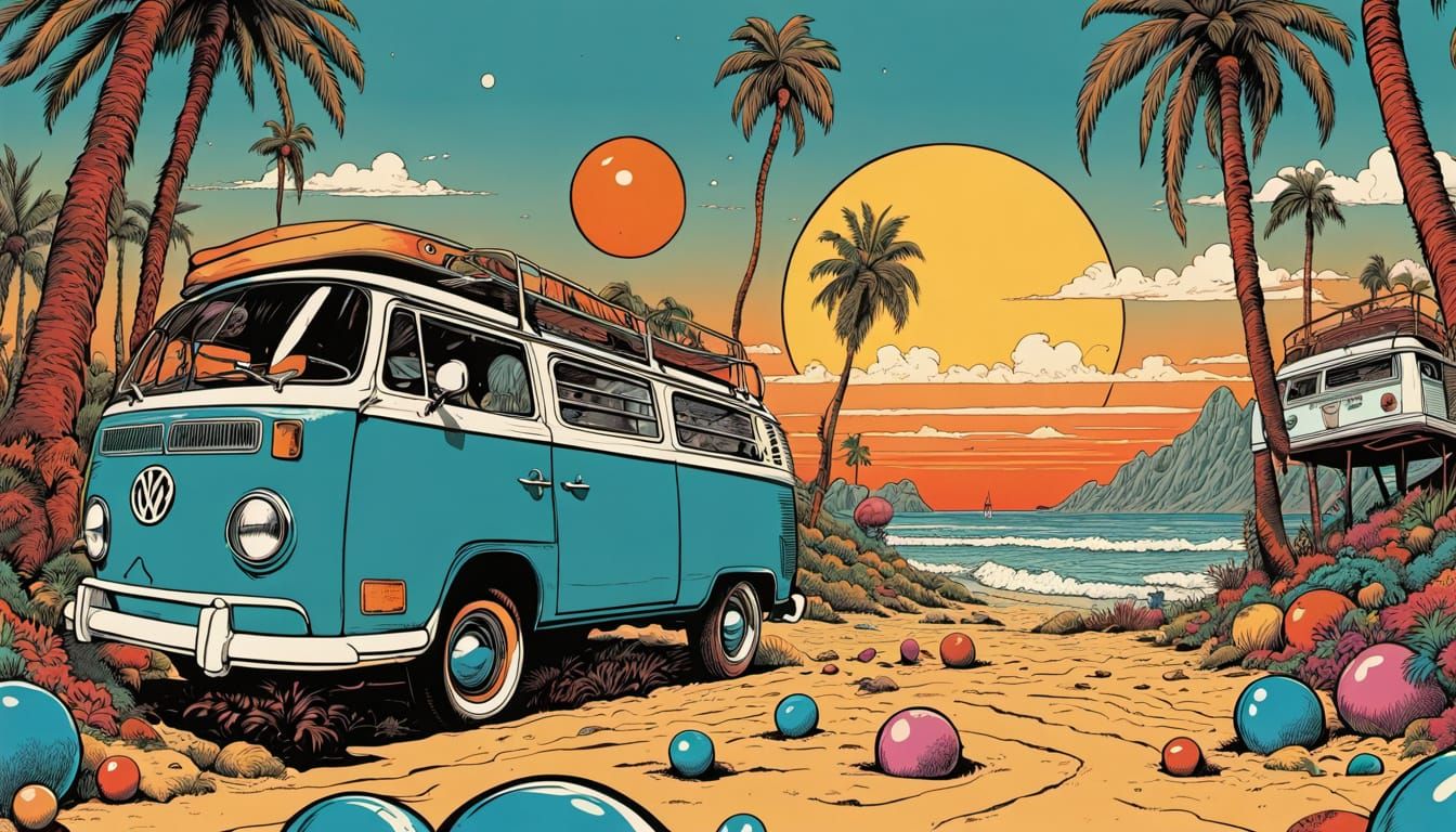 70s bus - Vibrant 1970s California Beach Scene in Intricate ...
