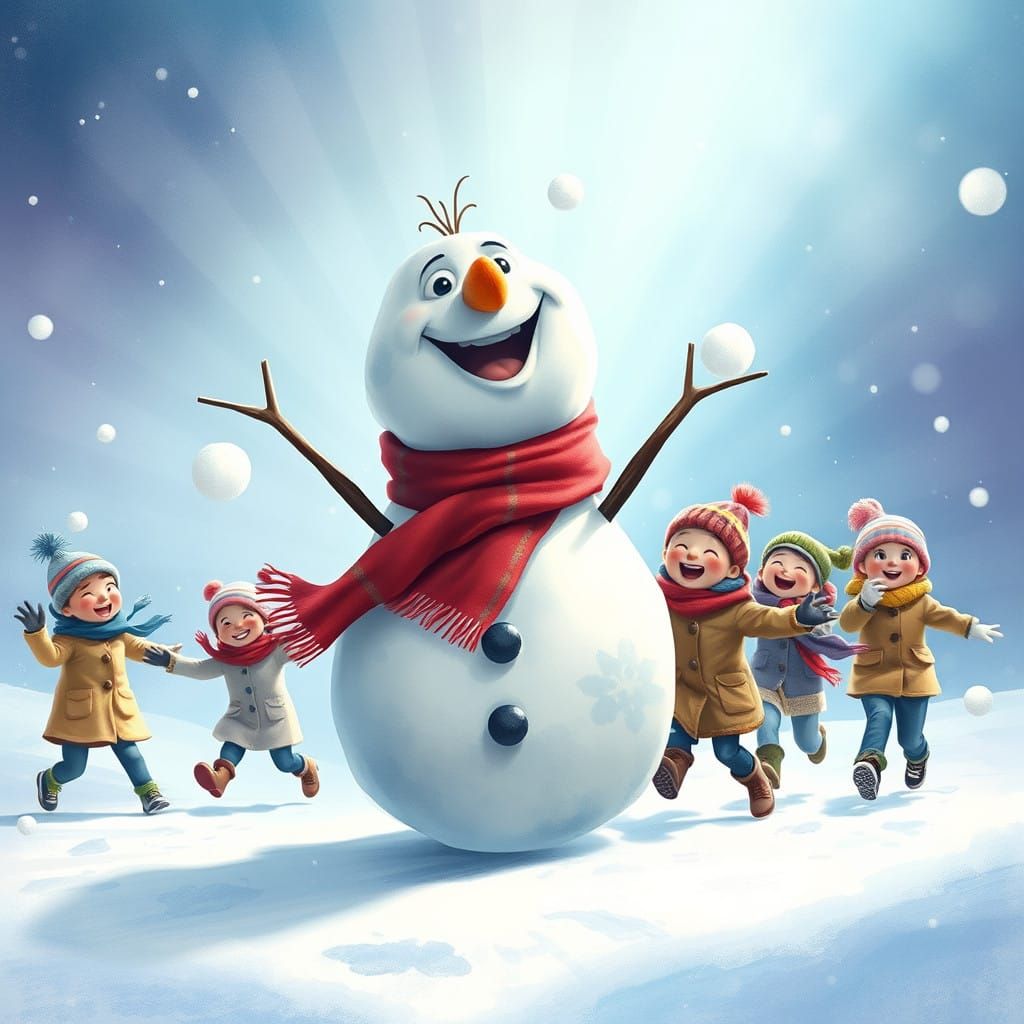 Whimsical Winter Wonderland with Snowman and Child... - AI Art