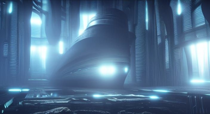 an atoll, cyberpunk, HR giger, neon-Blue, industrial, bio-organic ...