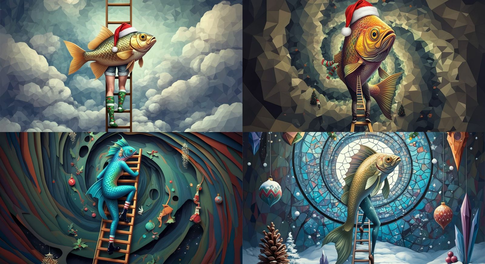 Surrealist Christmas Scene: Fish with Human Legs A... - AI Art