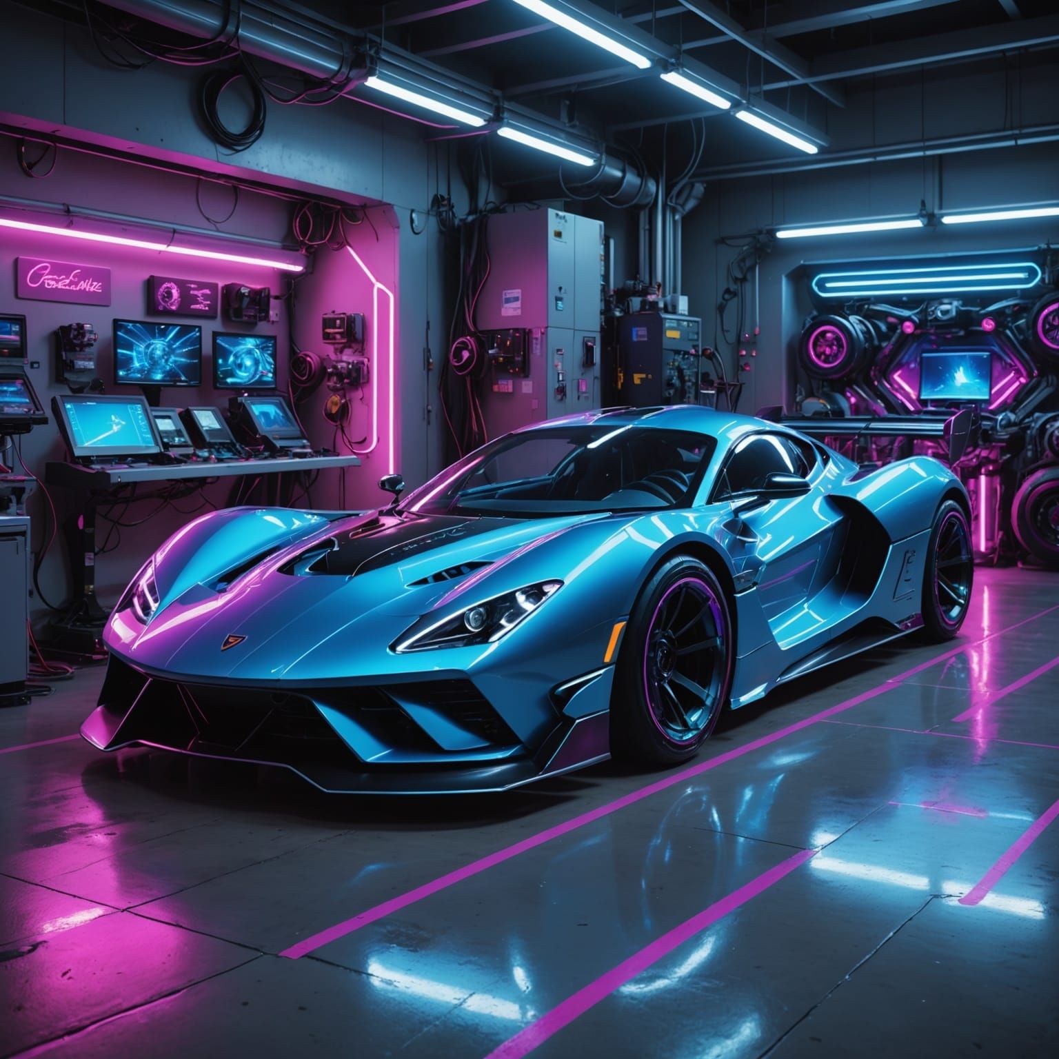 Futuristic Dragster in Neon-Lit Cyberpunk Garage - AI Art