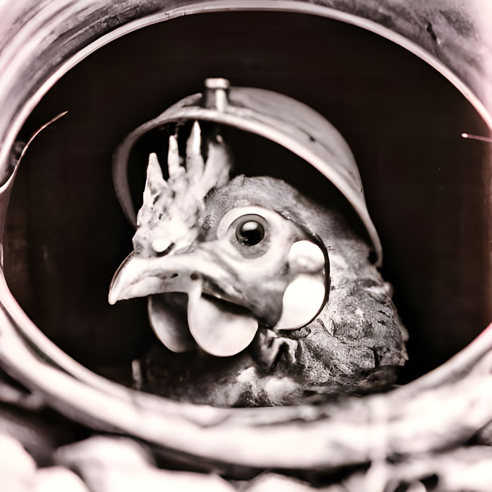 A portrait of a rooster wearing a world war 2 helmet, in a trench ...