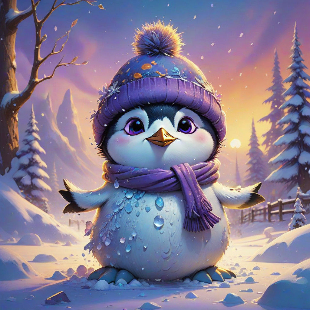 Purple Penguin - Chibi Penguin in Vibrant Oil Painting Style