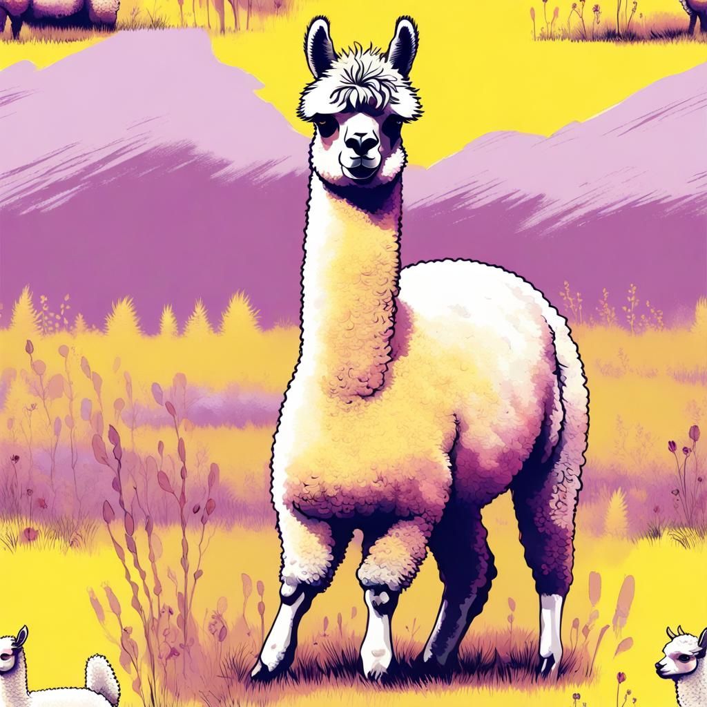 multicoloured weird alpaca on quaint yellow meadow, zen, oldfashioned ...