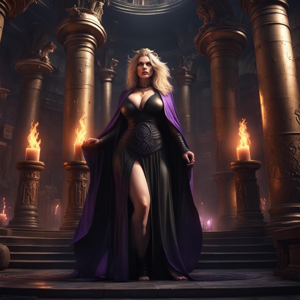 Beautiful Blonde Bombshell Full Figured Curvy Goddess Hecate wearing Black Robes standing in the ...