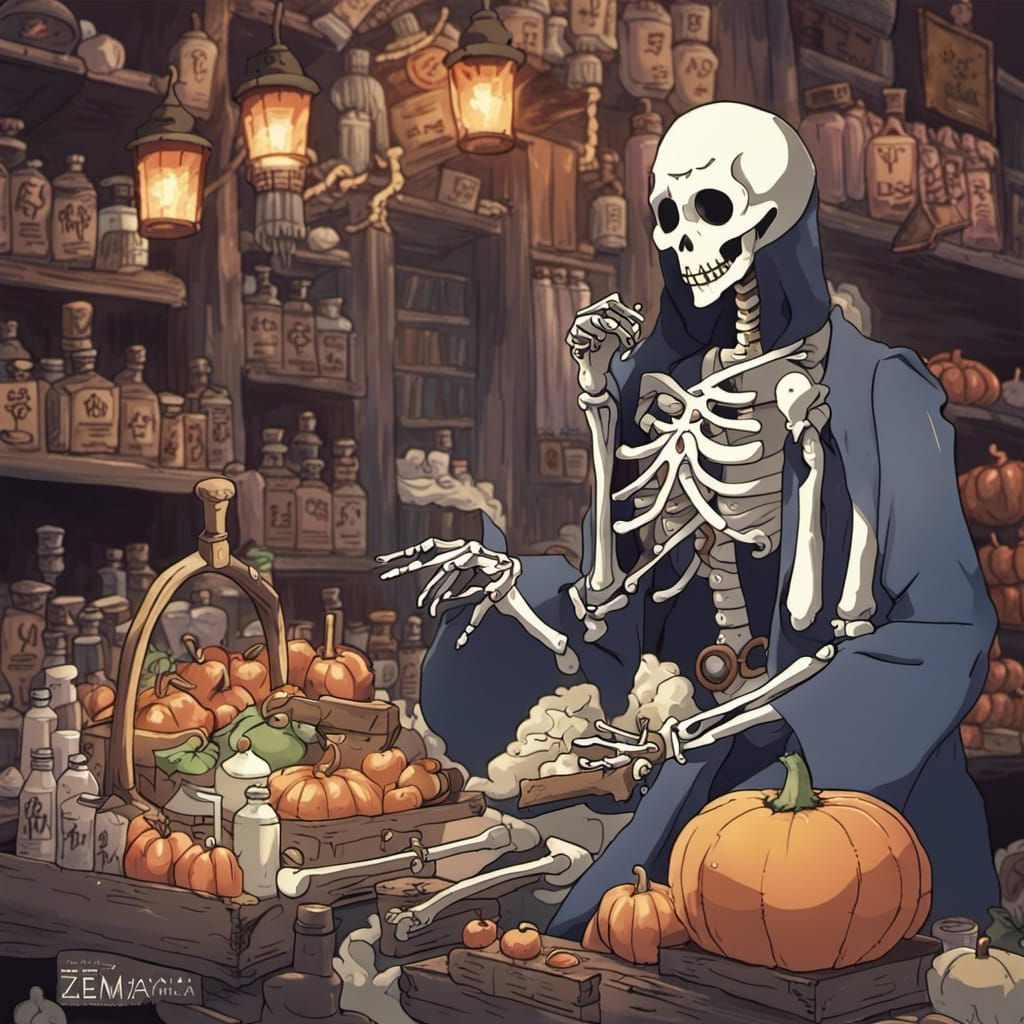 a skeleton spooky merchant in anime style hayao miyazaki style ghibli ...