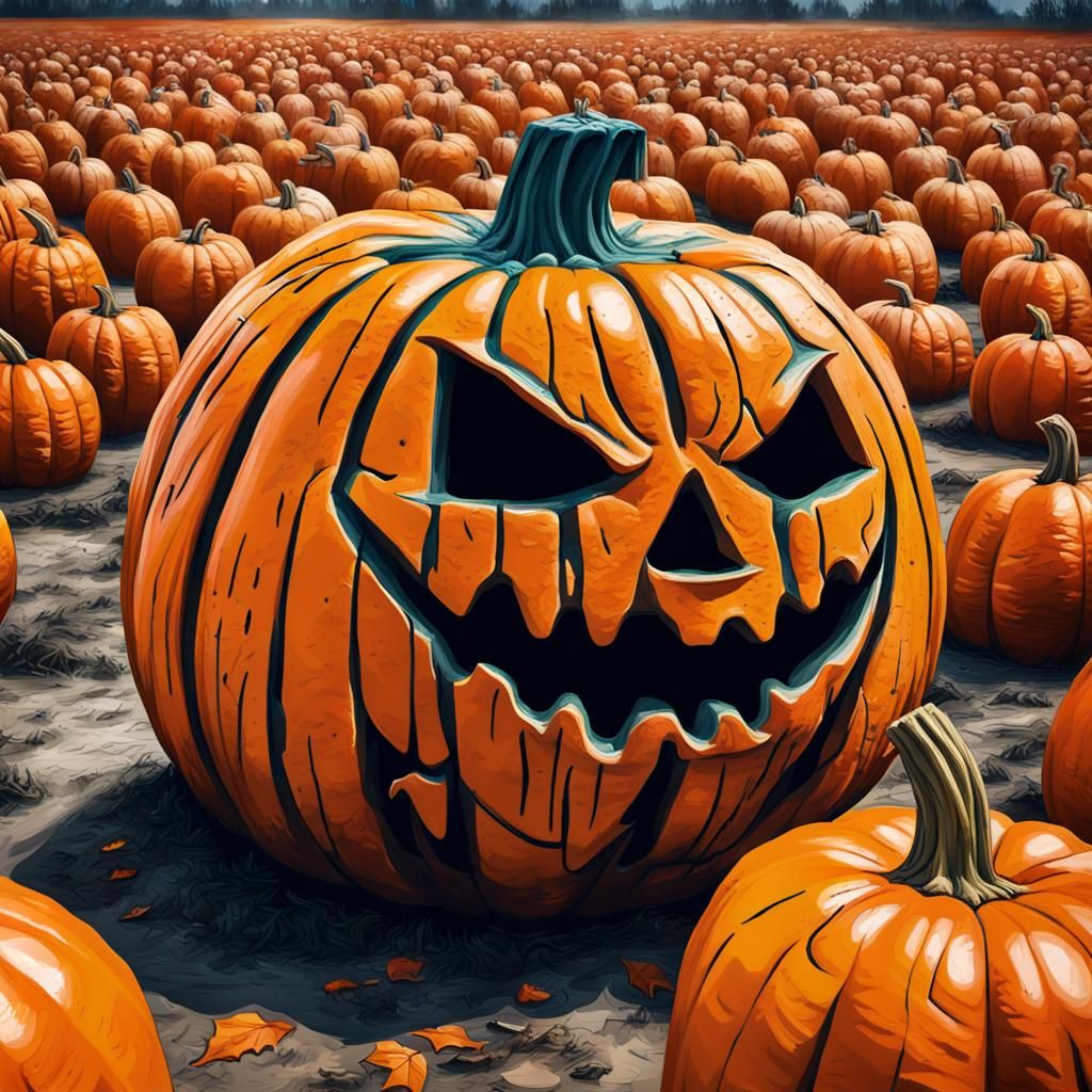 Photo of a Huge Carved Jack-O-Lantern at a Pumpkin Patch. - AI Generated Artwork - NightCafe Creator