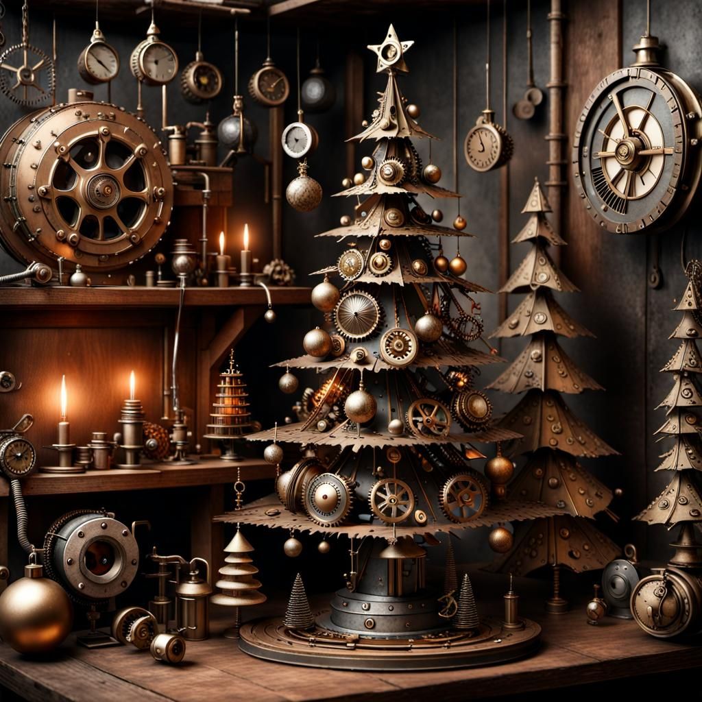 Steampunk Christmas tree in a workshop. - AI Generated Artwork ...