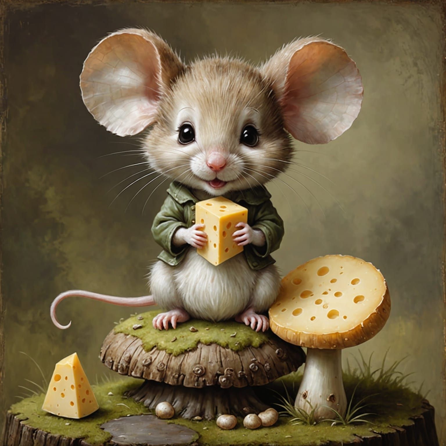Sweet little Kawaii Chibi mouse, sitting on mushroom eating a piece of ...