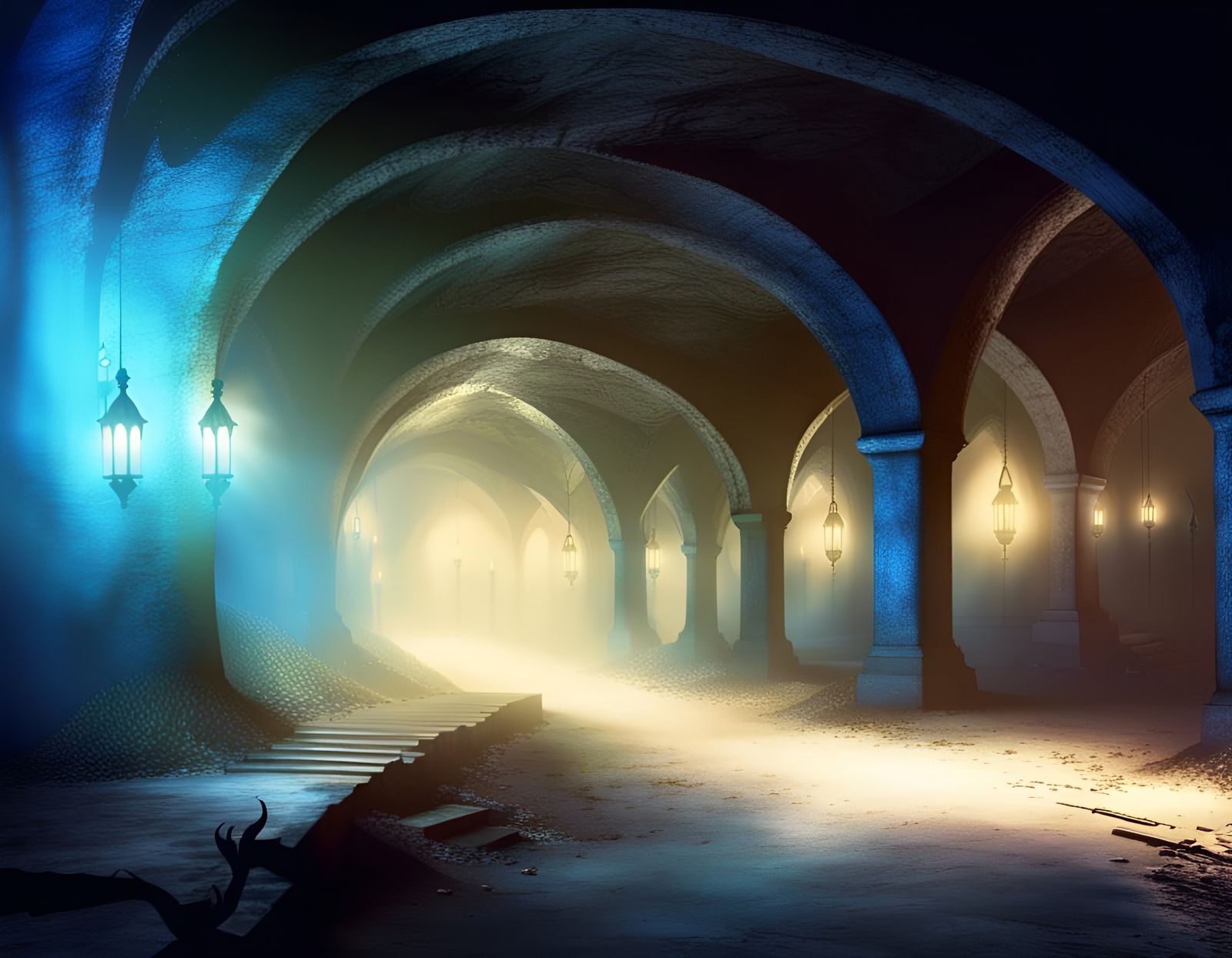 Underground, dark, dark fantasy, grim, magical, kingdom, blue light ...