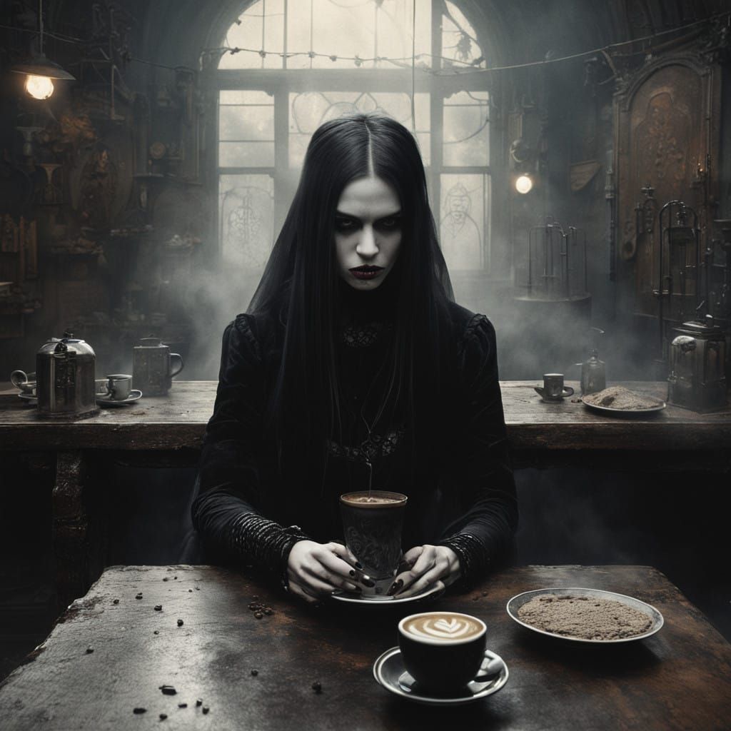 Elegant Goth Coffee Shop Portrait in Dark, Gritty ... - AI Art