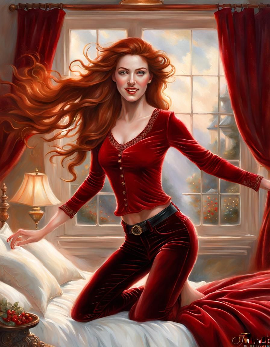 A Beautiful playful young woman with long auburn hair in a red velvet ...