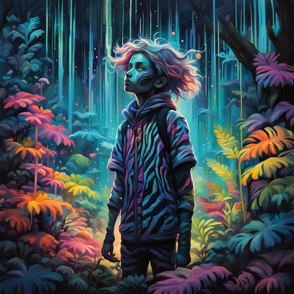 A fairy who is covered in bioluminescent zebra stripes floating in a ...