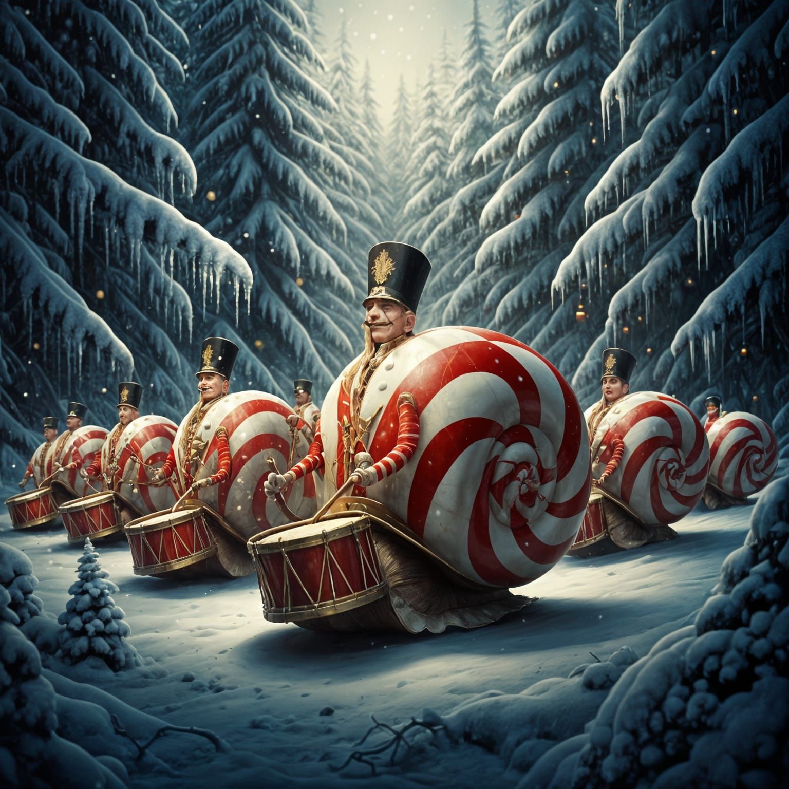 Humanoid Snails Drumming in a Winter Wonderland Sc... - AI Art