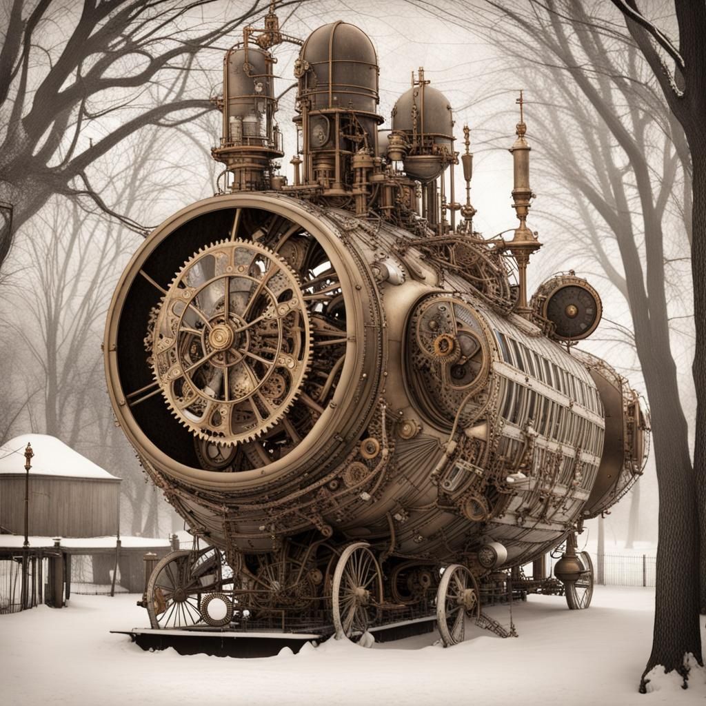 Steampunk Winter Wonderland, intricate steampunk machinery, gears, and ...