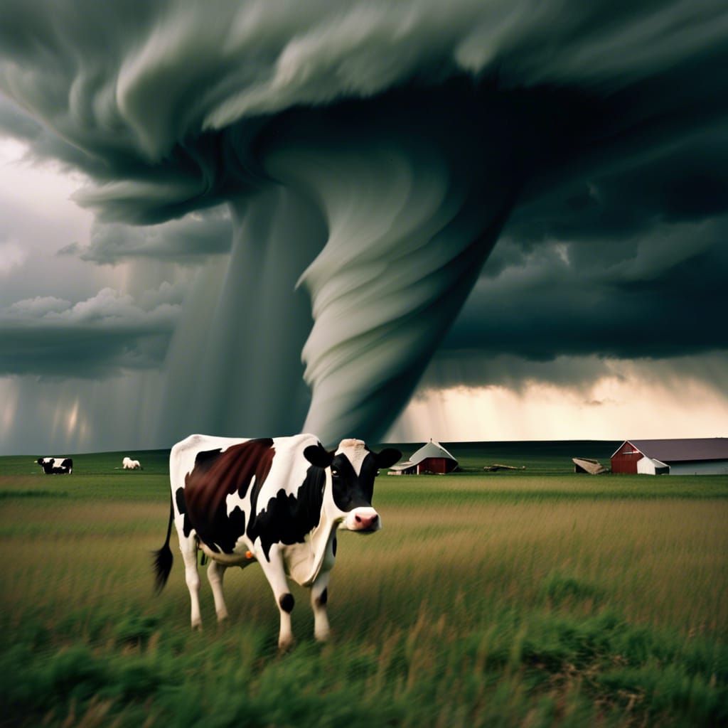 A cow in a tornado. A twister tornado rips apart a farming community. A twister is seen with its ...