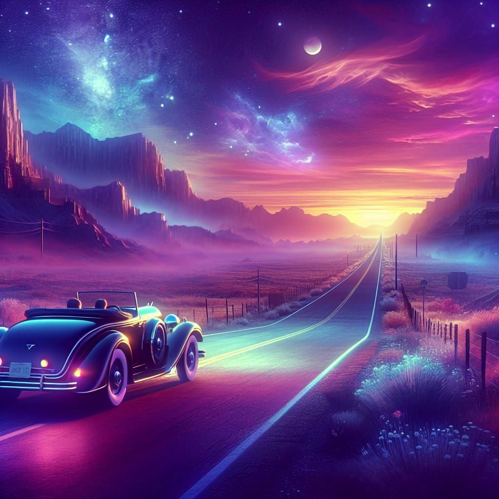 Gothic car driving down route 66 at dusk, dusk palette, artistic ...