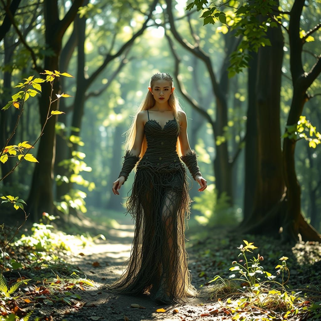 Surreal Elven Warrior Strolls Through Enchanted Fo... - AI Art