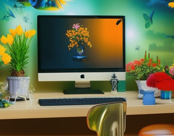 Computer on a desk with flowers growing out of it, pop surrealism by ...