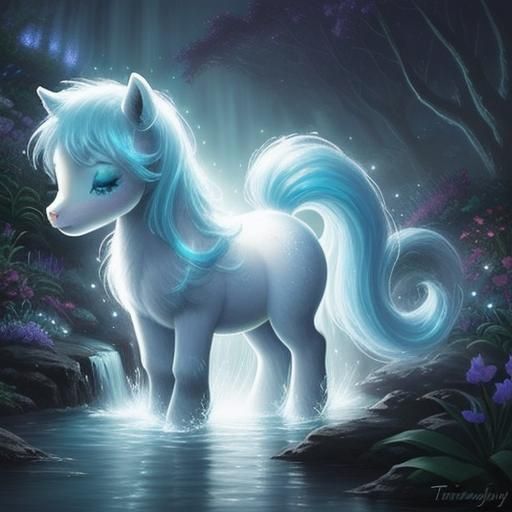 adorable cute chibi baby furry pony on a bioluminescent Waterfall in a ...