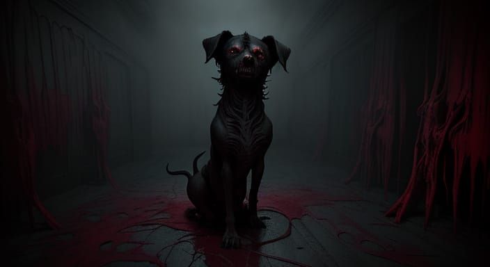 A horror scene inside the mind of a dog, depicted as a dark and twisted ...