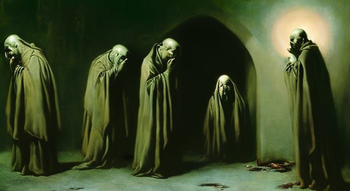 "Cowled Benedictine Monks Chanting" epic eerie supernatural horror ...