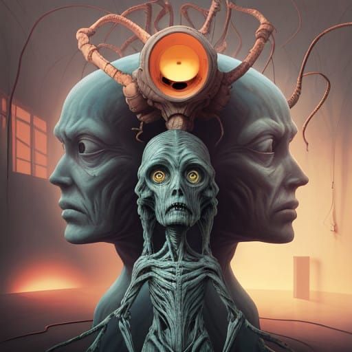 a mannequin with a featureless, elongated face, and ethereal faces with ...