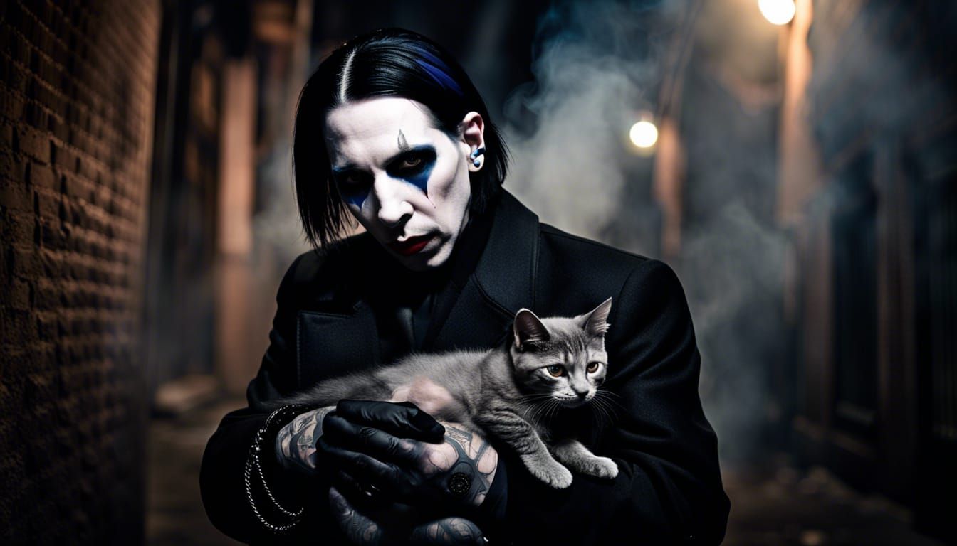 Photograph Portrait of Gothic Marilyn Manson, holding a kitten in an ...
