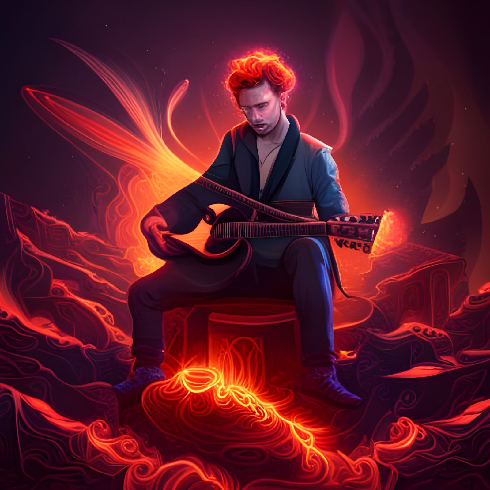 the devil playing a fiery guitar on an abandoned bloody stage, 8k ...
