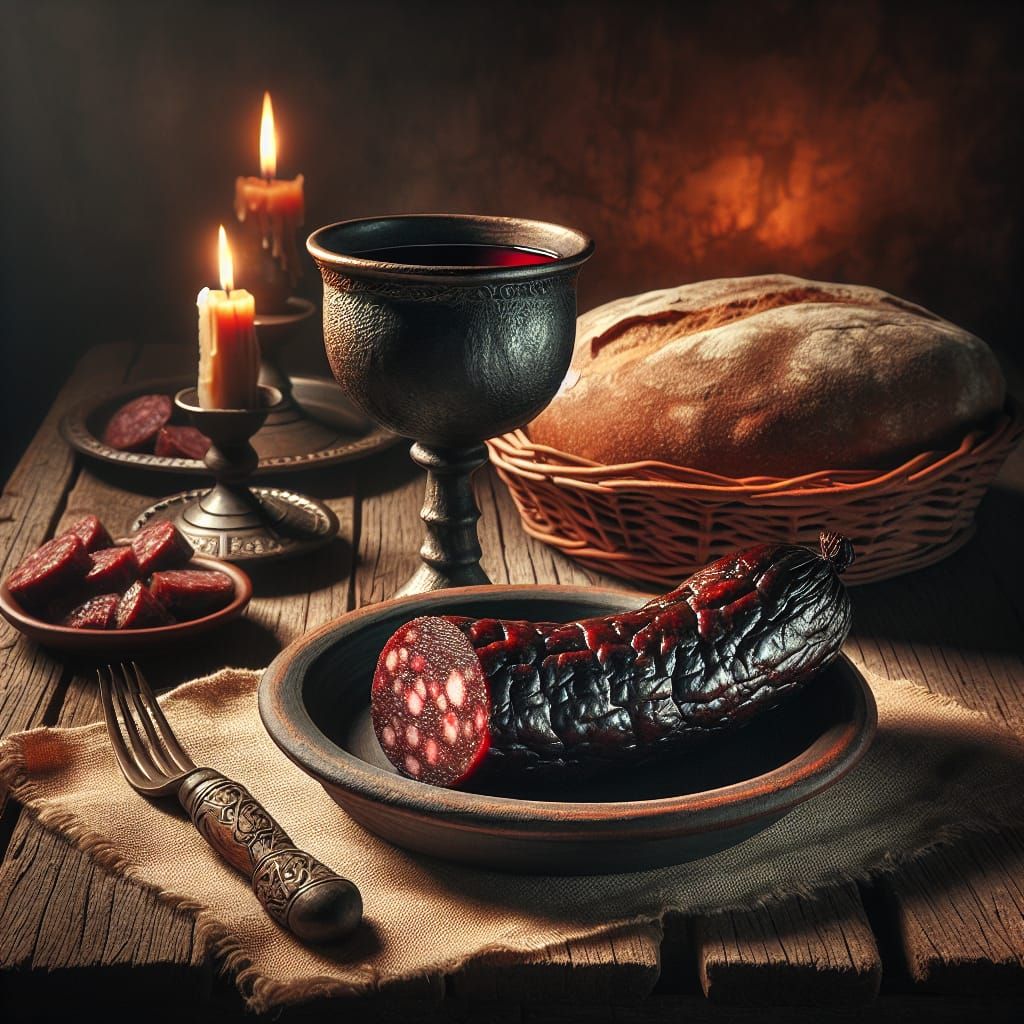 blood sausage, medieval food - Medieval Feast in Rustic Sple...