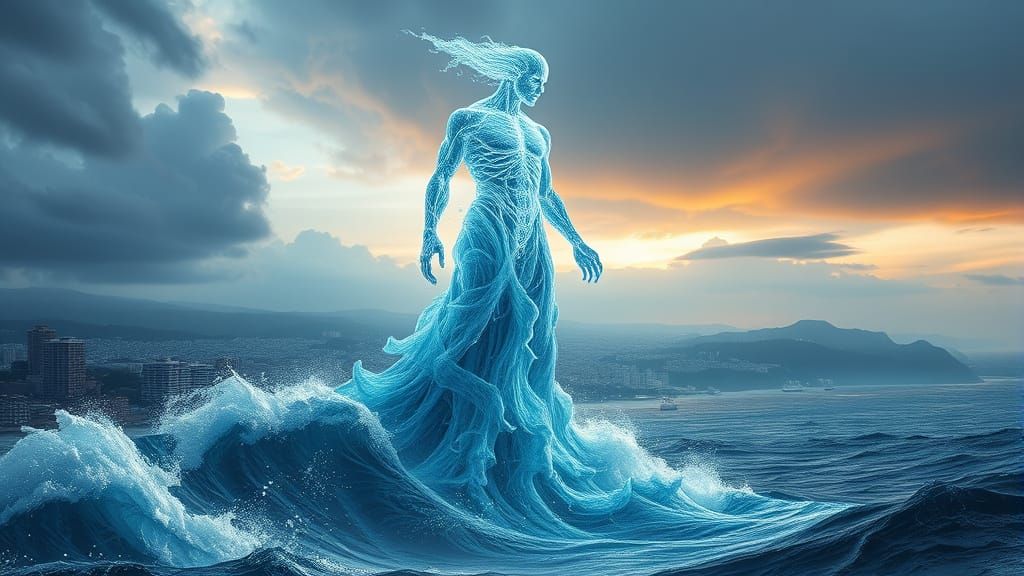 Surreal Water God Towers Over Coastal Metropolis i... - AI Art