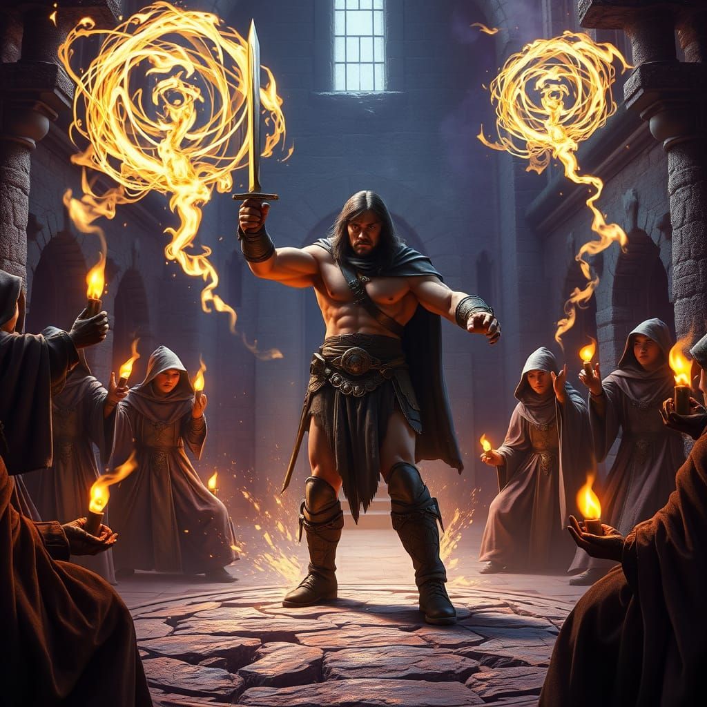 Conan Defies Dark Magic in Decrepit Castle - AI Art
