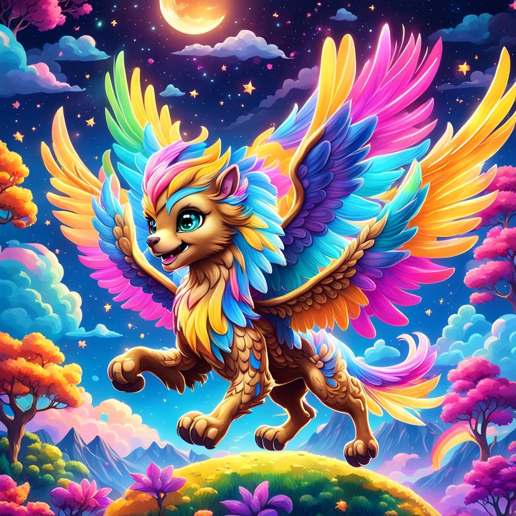 Cute griffin flying in night sky Lisa frank style - AI Generated ...