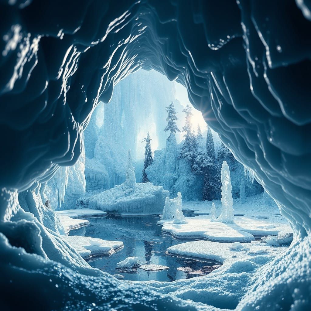 Double-exposure of an ice cavern's silhouette, inside an iceberg ...