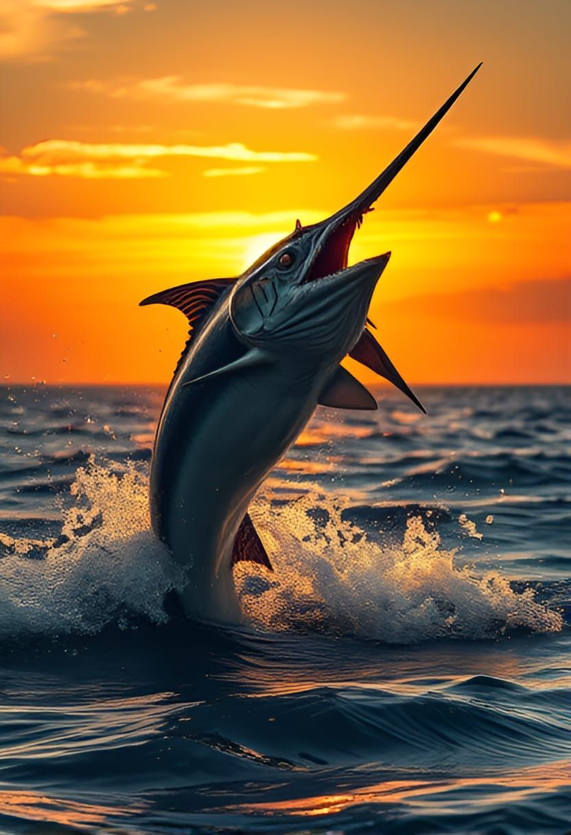 Swordfish Leaps at Sunset: Photorealistic Digital ... - AI Art