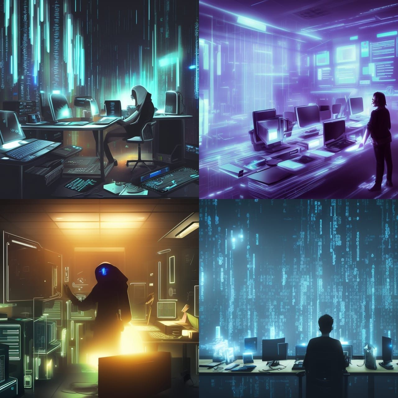 a fantasy hacker hacking in a room full of computers - AI Generated ...