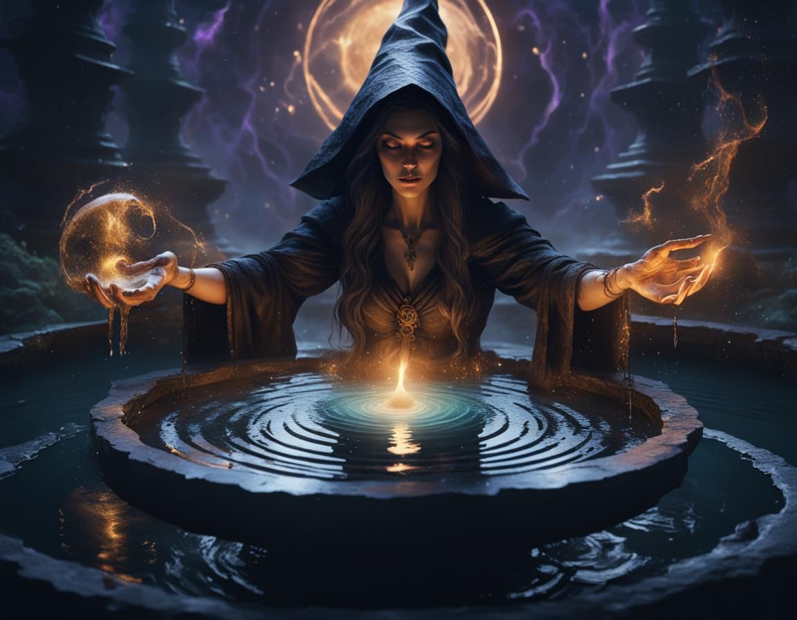 A witch casting a spell over a font of water, close up of the font, a masterpiece, 8k resolution ...